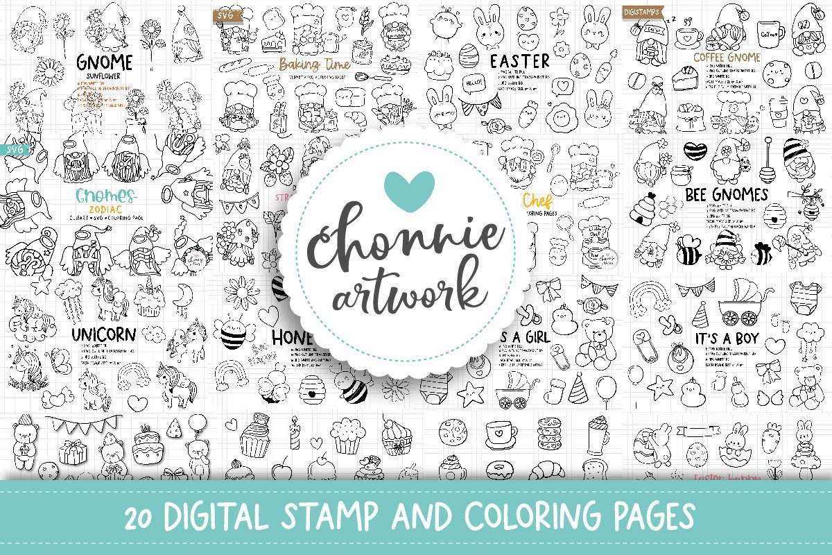 Cute Digital Stamp & Coloring Pages Bundle - 20 Premium Graphics ...