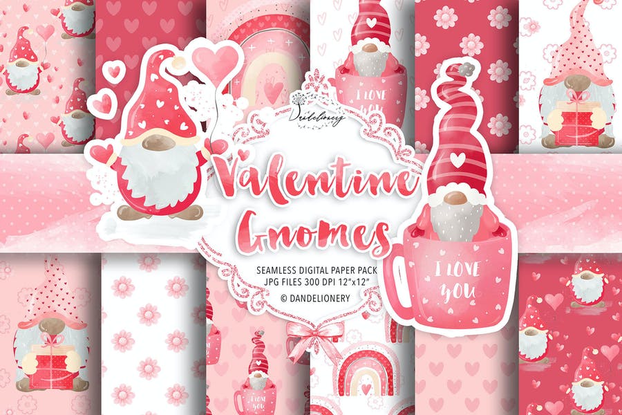 Valentine Gnomes digital paper pack | SoftArchive